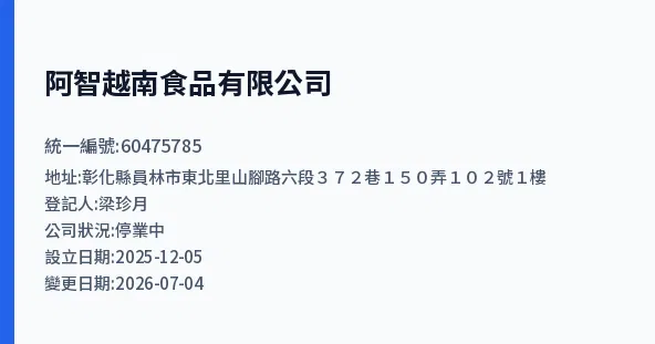 阿智越南食品有限公司的照片-統編 60475785(彰化縣) 公司登記資料與營業項目詳細圖表