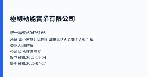 極線動能實業有限公司的照片-統編 60476166(臺中市) 公司登記資料與營業項目詳細圖表