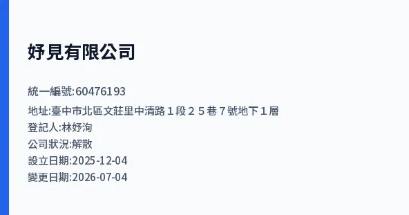 妤見有限公司的照片-統編 60476193(臺中市) 公司登記資料與營業項目詳細圖表