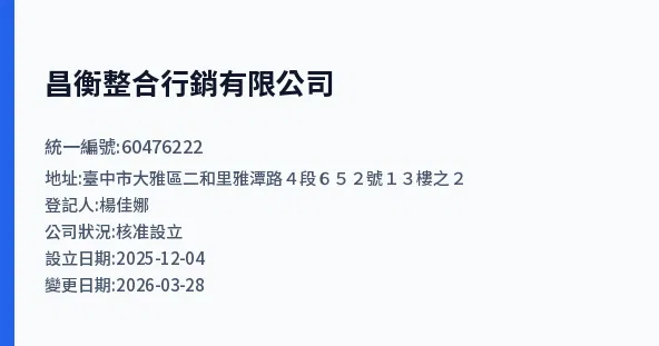 昌衡整合行銷有限公司的照片-統編 60476222(臺中市) 公司登記資料與營業項目詳細圖表