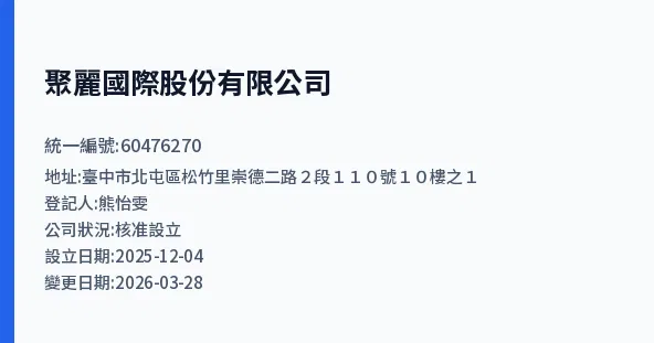 聚麗國際股份有限公司的照片-統編 60476270(臺中市) 公司登記資料與營業項目詳細圖表