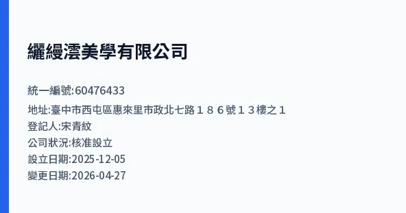 纚縵澐美學有限公司的照片-統編 60476433(臺中市) 公司登記資料與營業項目詳細圖表
