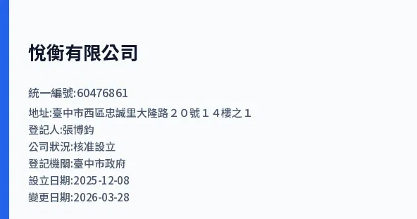 悅衡有限公司的照片-統編 60476861(臺中市) 公司登記資料與營業項目詳細圖表