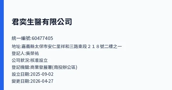 君奕生醫有限公司的照片-統編 60477405(嘉義縣) 公司登記資料與營業項目詳細圖表