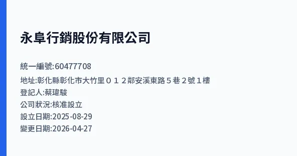 永阜行銷股份有限公司的照片-統編 60477708(彰化縣) 公司登記資料與營業項目詳細圖表