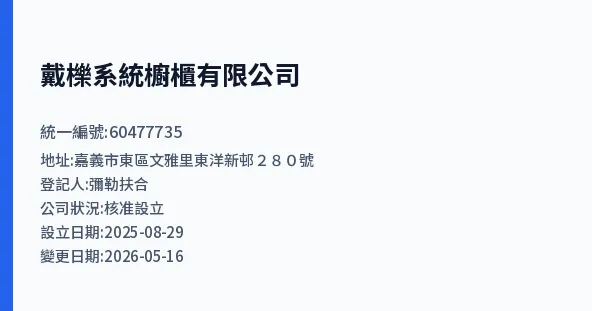 戴櫟系統櫥櫃有限公司的照片-統編 60477735(嘉義市) 公司登記資料與營業項目詳細圖表