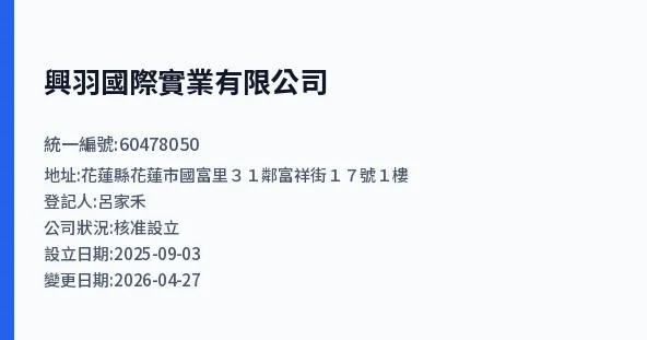 興羽國際實業有限公司的照片-統編 60478050(花蓮縣) 公司登記資料與營業項目詳細圖表