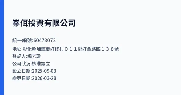 嶪佴投資有限公司的照片-統編 60478072(彰化縣) 公司登記資料與營業項目詳細圖表