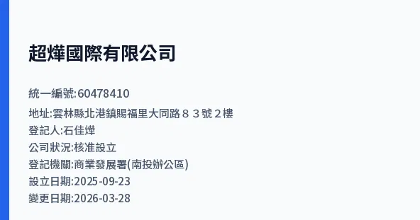 超燁國際有限公司的照片-統編 60478410(雲林縣) 公司登記資料與營業項目詳細圖表