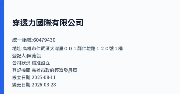 穿透力國際有限公司的照片-統編 60479430(高雄市) 公司登記資料與營業項目詳細圖表