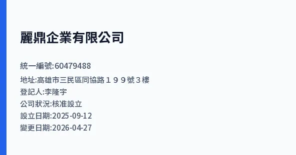 麗鼎企業有限公司的照片-統編 60479488(高雄市) 公司登記資料與營業項目詳細圖表