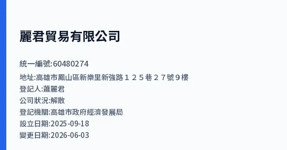 麗君貿易有限公司的照片-統編 60480274(高雄市) 公司登記資料與營業項目詳細圖表