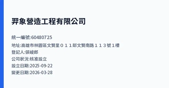 羿象營造工程有限公司的照片-統編 60480725(高雄市) 公司登記資料與營業項目詳細圖表