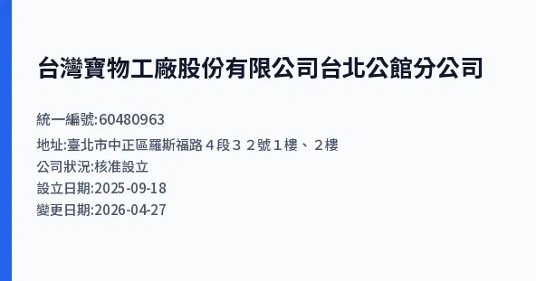 台灣寶物工廠股份有限公司台北公館分公司的照片-統編 60480963(臺北市) 公司登記資料與營業項目詳細圖表