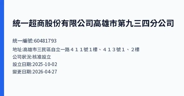 統一超商股份有限公司高雄市第九三四分公司的照片-統編 60481793(高雄市) 公司登記資料與營業項目詳細圖表