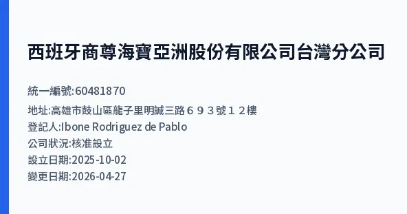 西班牙商尊海寶亞洲股份有限公司台灣分公司的照片-統編 60481870(高雄市) 公司登記資料與營業項目詳細圖表