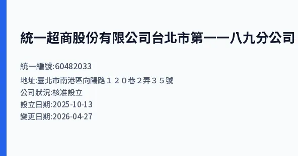 統一超商股份有限公司台北市第一一八九分公司的照片-統編 60482033(臺北市) 公司登記資料與營業項目詳細圖表