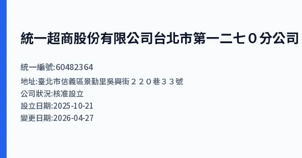 統一超商股份有限公司台北市第一二七0分公司的照片-統編 60482364(臺北市) 公司登記資料與營業項目詳細圖表