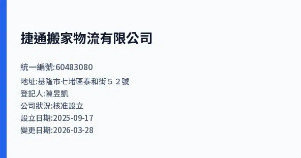 捷通搬家物流有限公司的照片-統編 60483080(基隆市) 公司登記資料與營業項目詳細圖表