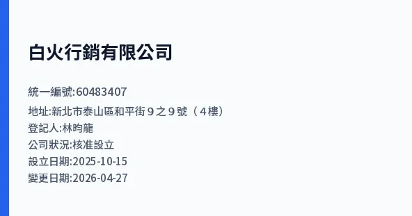 白火行銷有限公司的照片-統編 60483407(新北市) 公司登記資料與營業項目詳細圖表