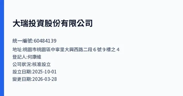 大瑞投資股份有限公司的照片-統編 60484139(桃園市) 公司登記資料與營業項目詳細圖表