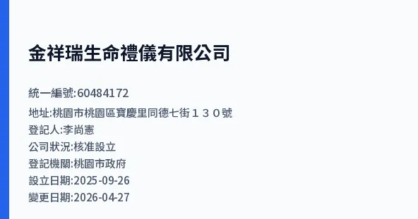 金祥瑞生命禮儀有限公司的照片-統編 60484172(桃園市) 公司登記資料與營業項目詳細圖表