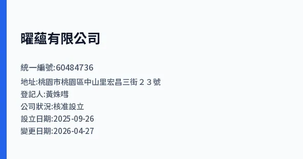 曜蘊有限公司的照片-統編 60484736(桃園市) 公司登記資料與營業項目詳細圖表
