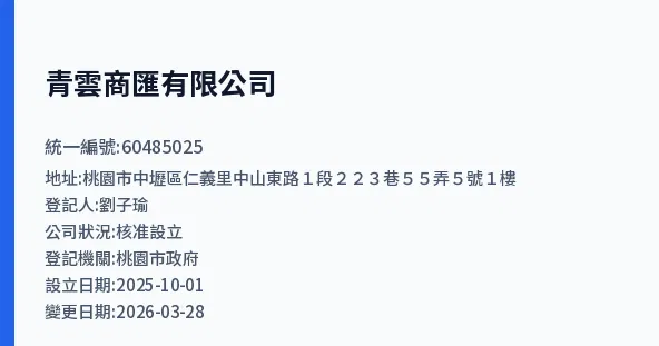 青雲商匯有限公司的照片-統編 60485025(桃園市) 公司登記資料與營業項目詳細圖表