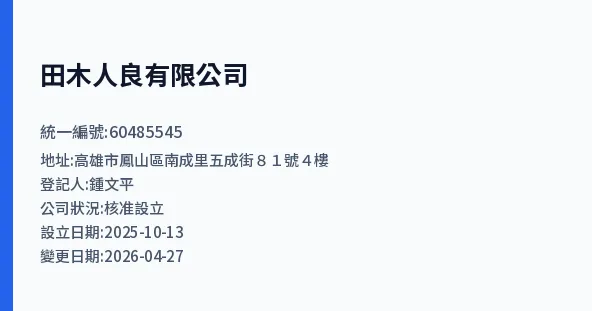 田木人良有限公司的照片-統編 60485545(高雄市) 公司登記資料與營業項目詳細圖表