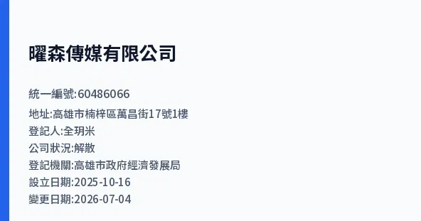 曜森傳媒有限公司的照片-統編 60486066(高雄市) 公司登記資料與營業項目詳細圖表