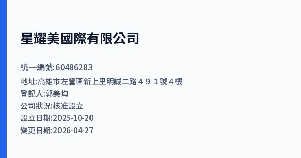 星耀美國際有限公司的照片-統編 60486283(高雄市) 公司登記資料與營業項目詳細圖表