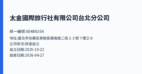 太金國際旅行社有限公司台北分公司的照片-統編 60486354(臺北市) 公司登記資料與營業項目詳細圖表