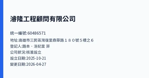 濬隆工程顧問有限公司的照片-統編 60486571(高雄市) 公司登記資料與營業項目詳細圖表