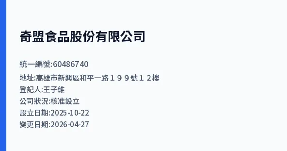 奇盟食品股份有限公司的照片-統編 60486740(高雄市) 公司登記資料與營業項目詳細圖表