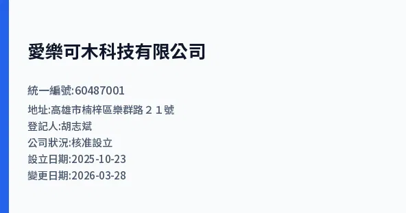 愛樂可木科技有限公司的照片-統編 60487001(高雄市) 公司登記資料與營業項目詳細圖表