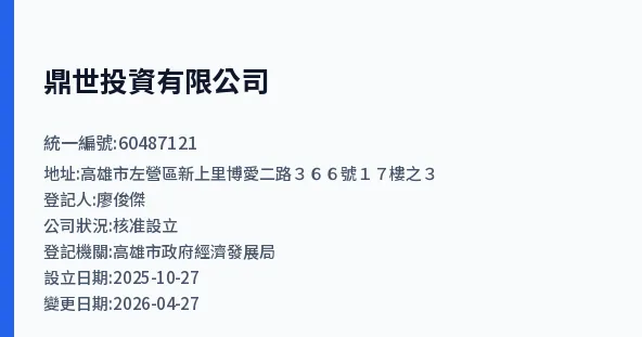 鼎世投資有限公司的照片-統編 60487121(高雄市) 公司登記資料與營業項目詳細圖表