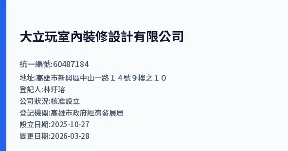 大立玩室內裝修設計有限公司的照片-統編 60487184(高雄市) 公司登記資料與營業項目詳細圖表