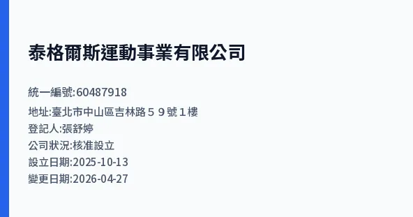 泰格爾斯運動事業有限公司的照片-統編 60487918(臺北市) 公司登記資料與營業項目詳細圖表