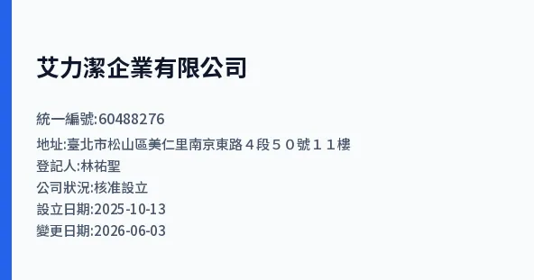 艾力潔企業有限公司的照片-統編 60488276(臺北市) 公司登記資料與營業項目詳細圖表