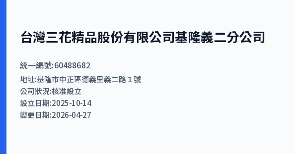 台灣三花精品股份有限公司基隆義二分公司的照片-統編 60488682(基隆市) 公司登記資料與營業項目詳細圖表