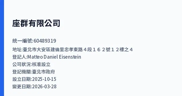 座群有限公司的照片-統編 60489319(臺北市) 公司登記資料與營業項目詳細圖表