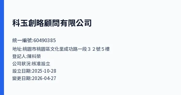 科玉創略顧問有限公司的照片-統編 60490385(桃園市) 公司登記資料與營業項目詳細圖表