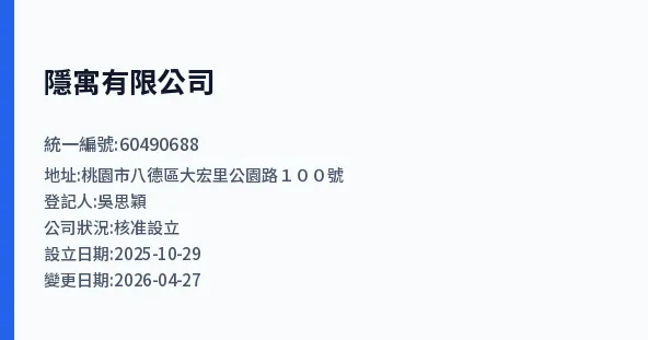 隱寓有限公司的照片-統編 60490688(桃園市) 公司登記資料與營業項目詳細圖表