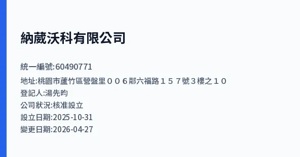 納葳沃科有限公司的照片-統編 60490771(桃園市) 公司登記資料與營業項目詳細圖表