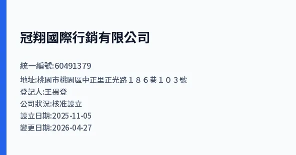冠翔國際行銷有限公司的照片-統編 60491379(桃園市) 公司登記資料與營業項目詳細圖表