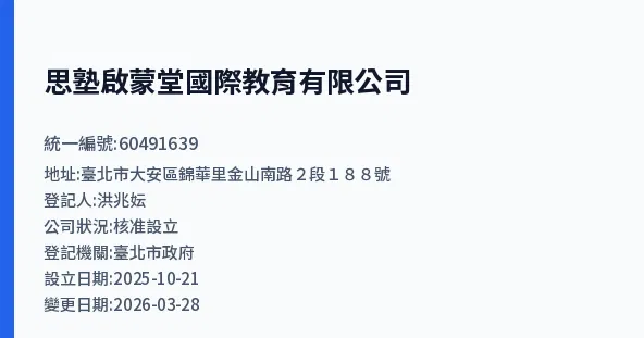 思塾啟蒙堂國際教育有限公司的照片-統編 60491639(臺北市) 公司登記資料與營業項目詳細圖表