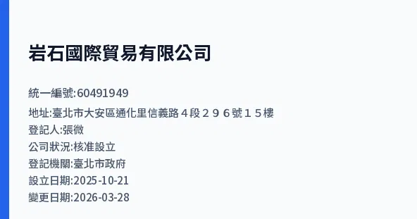 岩石國際貿易有限公司的照片-統編 60491949(臺北市) 公司登記資料與營業項目詳細圖表