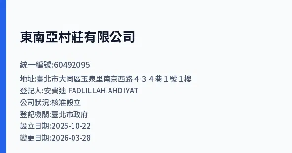 東南亞村莊有限公司的照片-統編 60492095(臺北市) 公司登記資料與營業項目詳細圖表