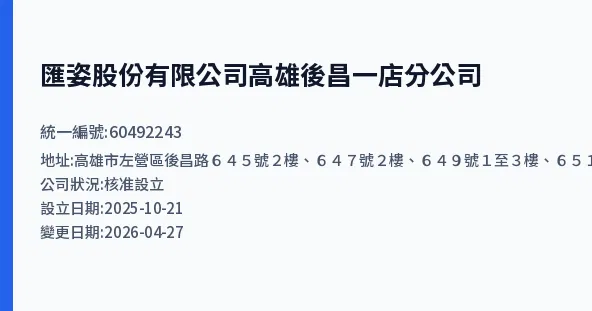 匯姿股份有限公司高雄後昌一店分公司的照片-統編 60492243(高雄市) 公司登記資料與營業項目詳細圖表
