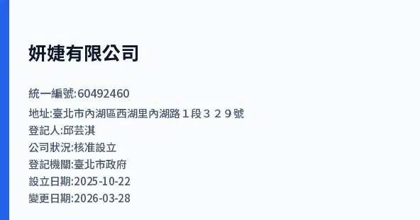 妍婕有限公司的照片-統編 60492460(臺北市) 公司登記資料與營業項目詳細圖表
